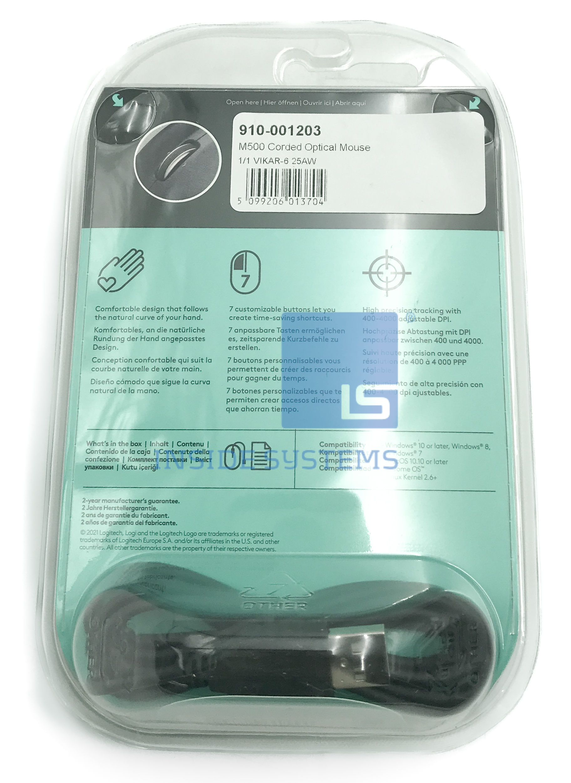 910-001203-01 - LOGITECH M500 Corded Optical Mouse | Inside Systems A/S
